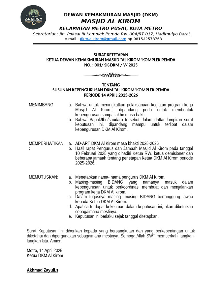 Susunan Pengurus DKM Al Kirom 2025-2026 | PDF