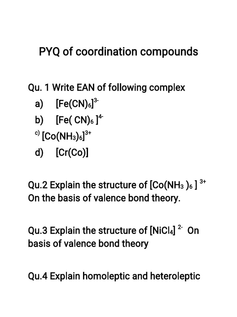 PYQ of Coordination Compounds | PDF