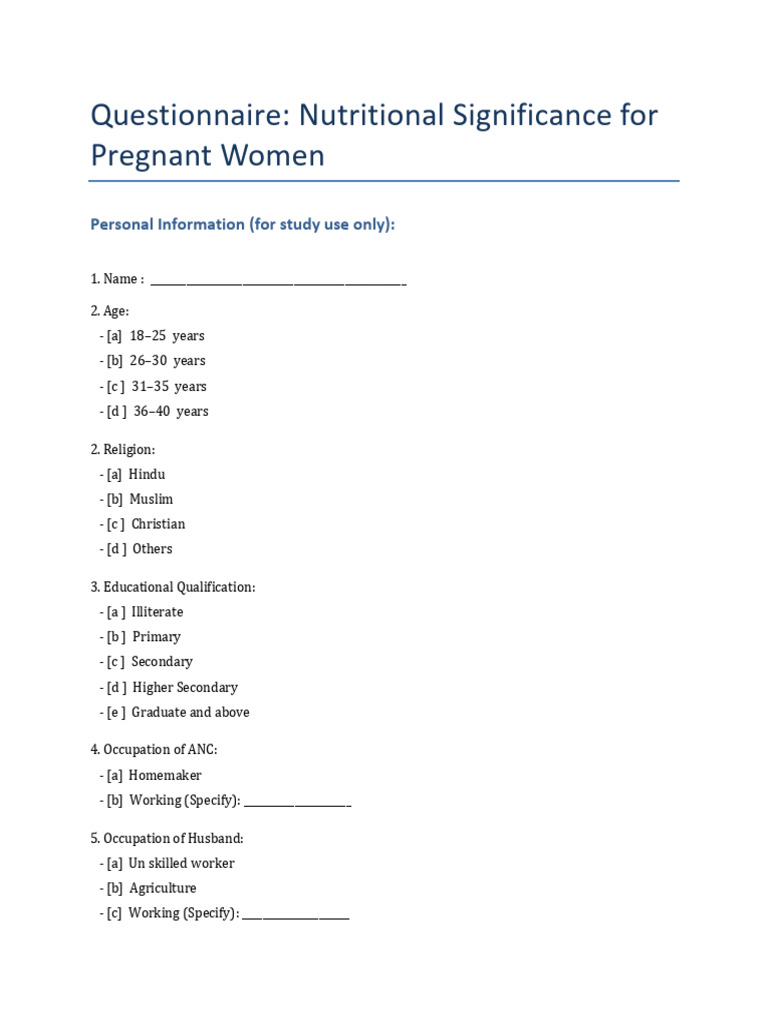 Nutritional Questionnaire Pregnant Women-1 | PDF | Dietary Supplements ...