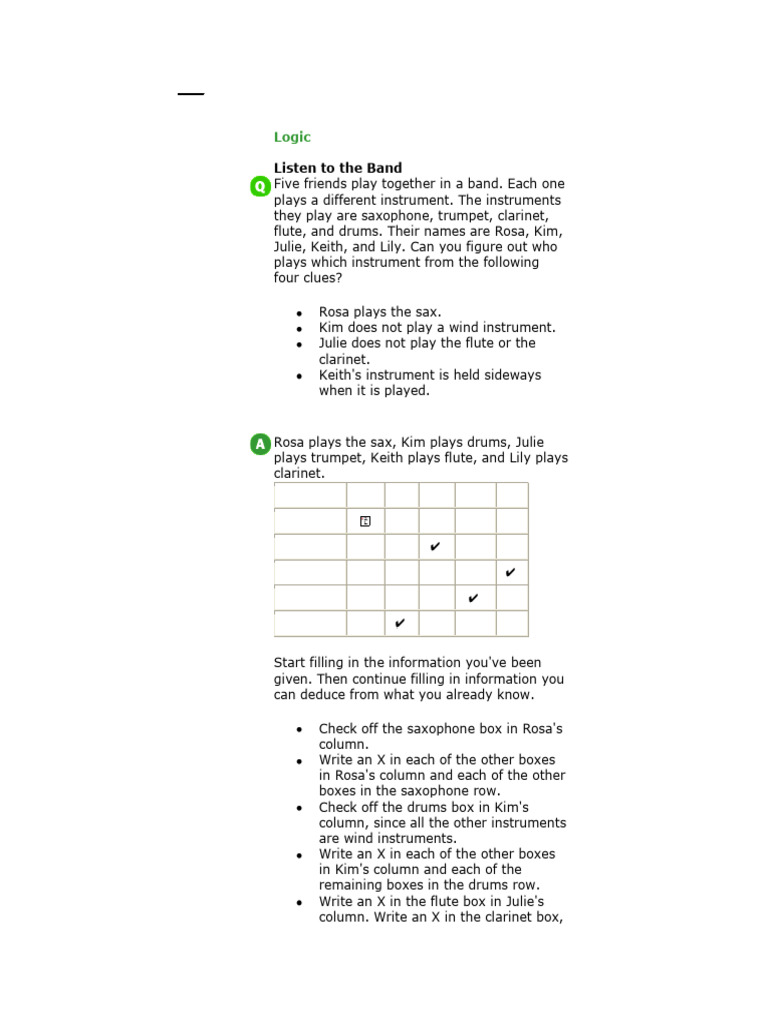 Band Instrument Logic Puzzle | PDF