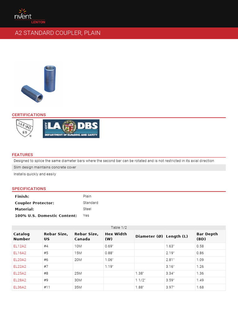 NVent LENTON A2 Standard Coupler Plain | PDF | Reinforced Concrete ...