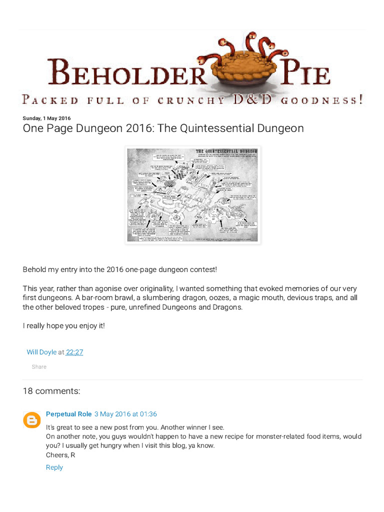 Beholder Pie - One Page Dungeon 2016 - The Quintessential Dungeon | PDF ...