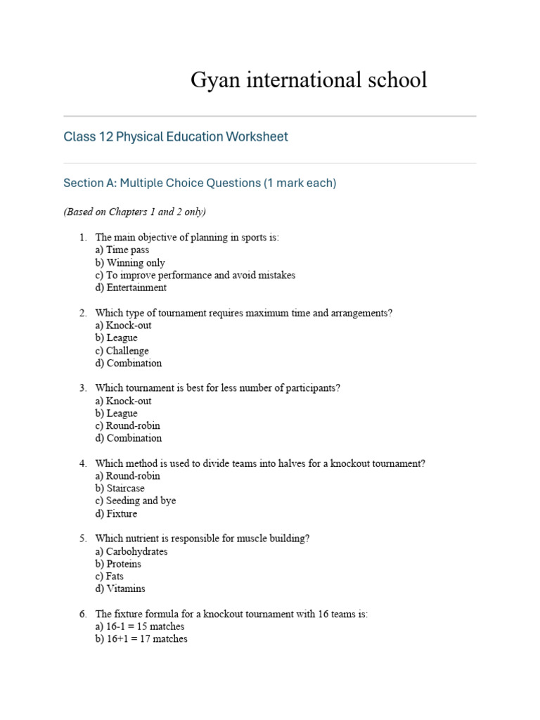 Class 12 Physical Education Work Sheet - 250713 - 104802 | PDF ...
