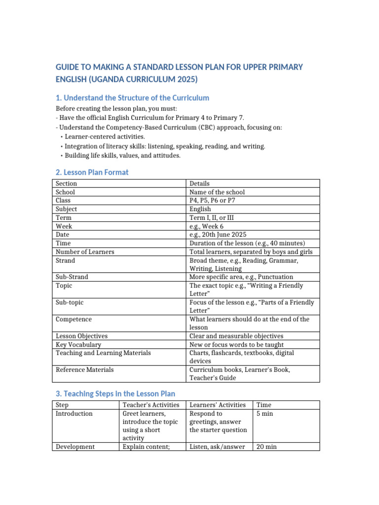 Upper Primary English Lesson Plan Guide | PDF | Lesson Plan | Curriculum