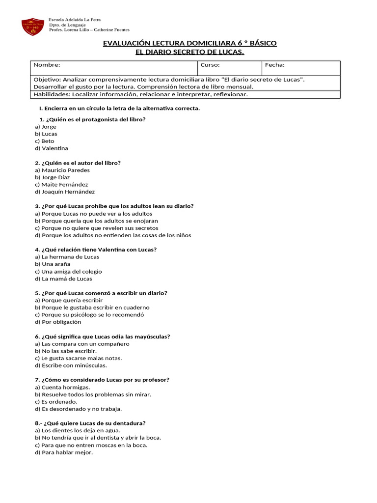 Prueba Libro El Diario Secreto de Lucas | PDF