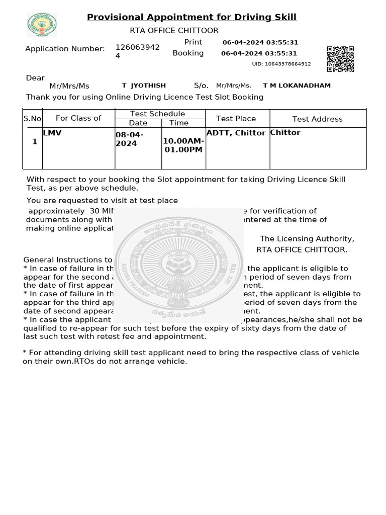Driving Skill Test Appointment Details | PDF