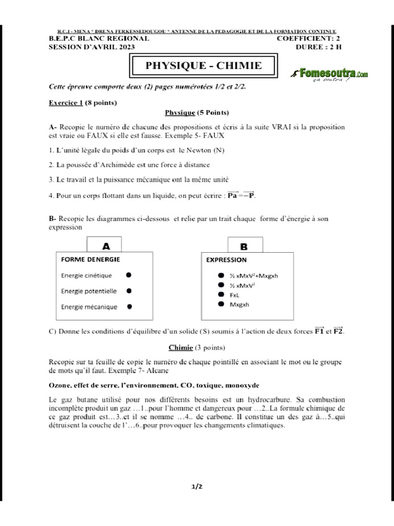 Bepc Blanc 2024 PC Sujet+barème Dren Ferké | PDF