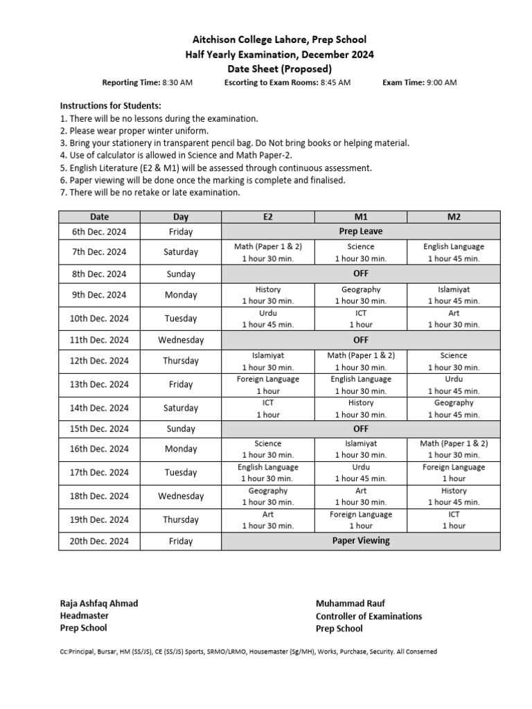 Date Sheet HY Dec 2024 (Proposed) | PDF