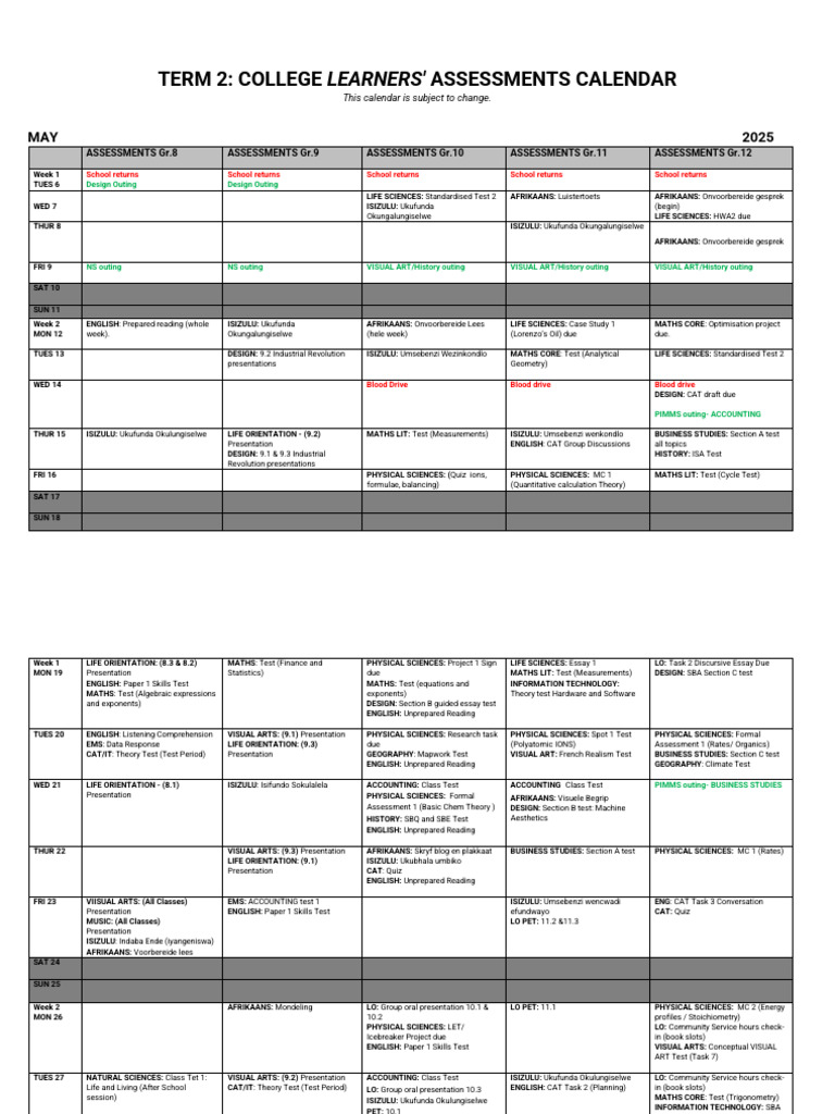 2025 College Learners' Assessment Calendar | PDF | Mathematics | Sat