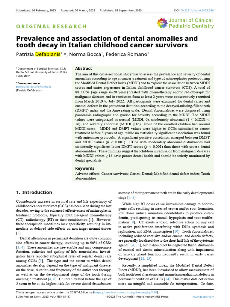 Dental Anomalies in Childhood Cancer Survivors | PDF | Human Tooth ...