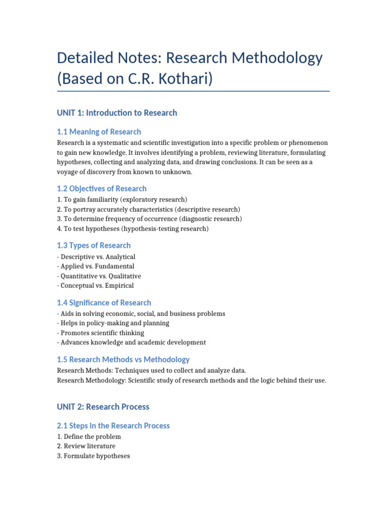 Detailed Research Methodology Notes C R Kothari | PDF