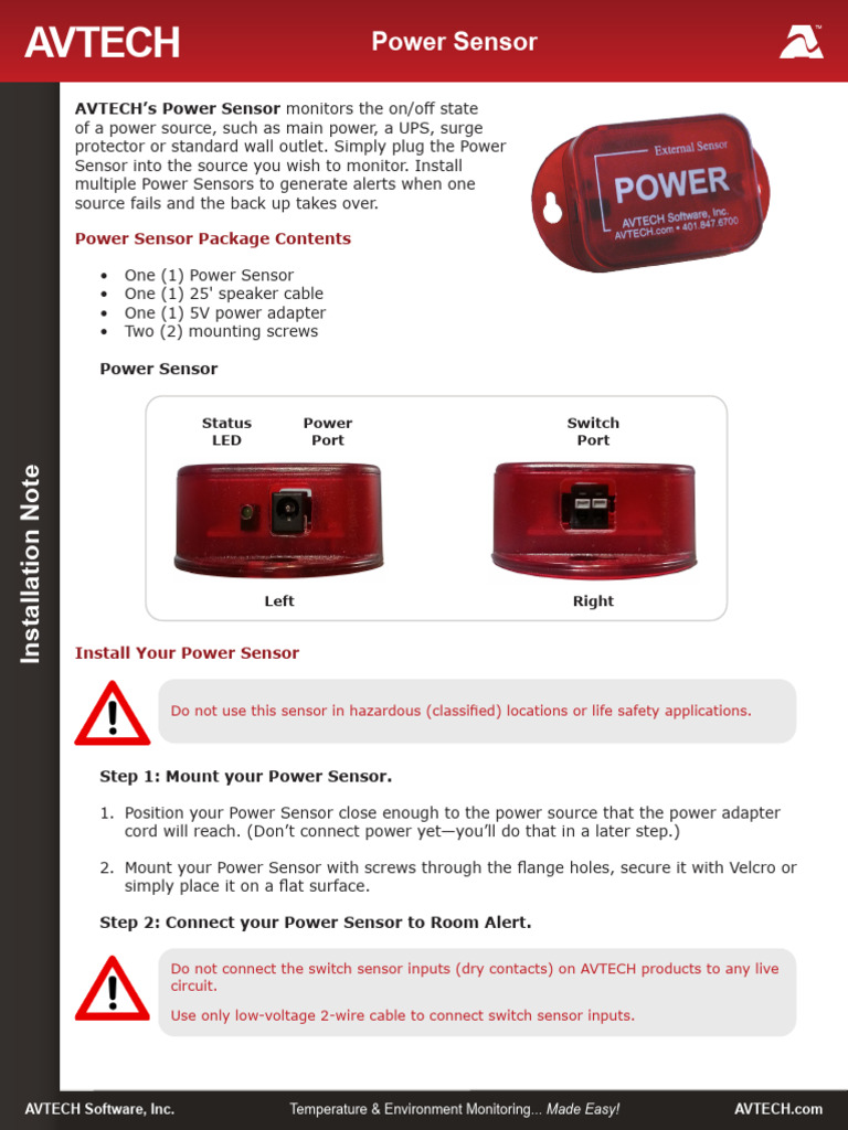 AVTECH Power Sensor Installation Guide | PDF | Switch | Sensor