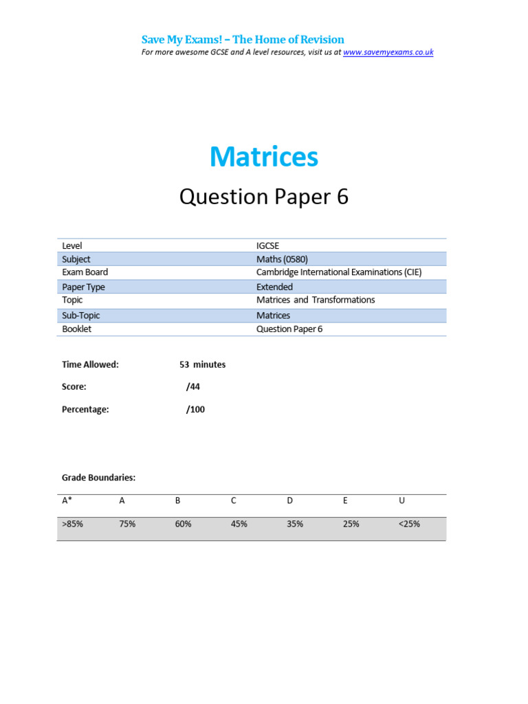 Matrices - Cie Igcse Maths 0580-Ext Theory-Qp | PDF | Qualifications | Schools