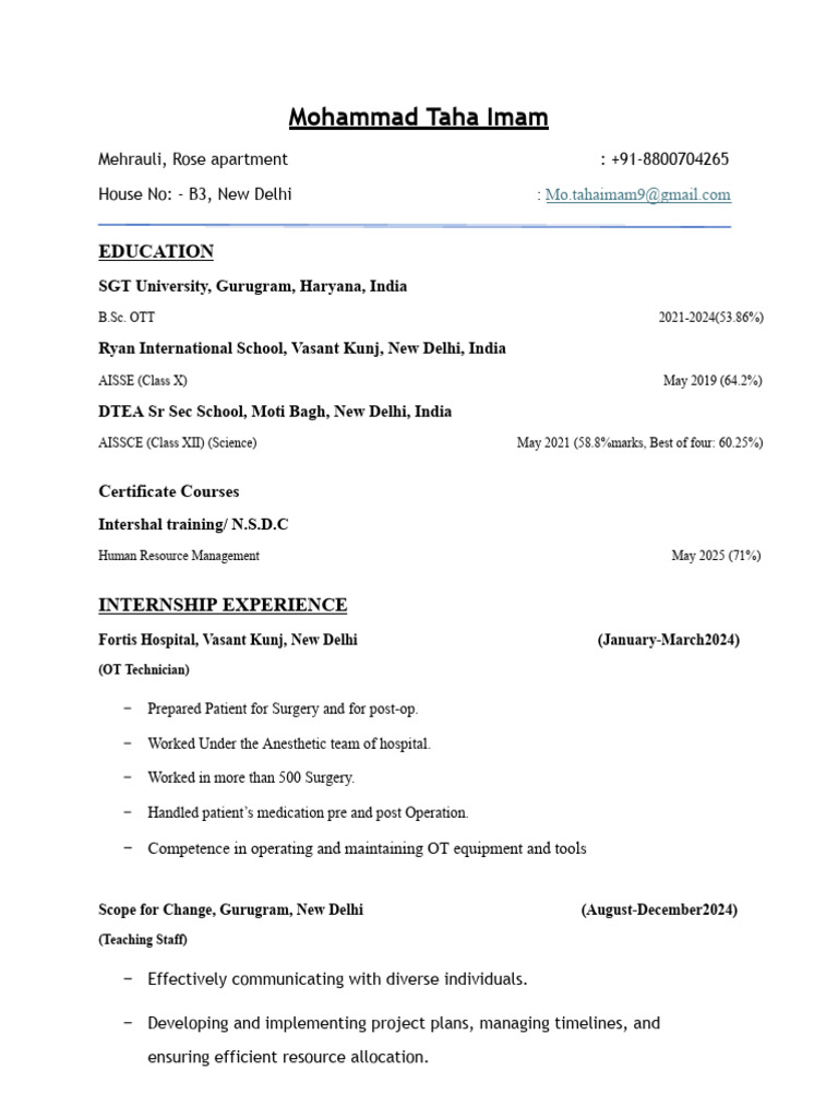 Mohammad Taha Imam Resume | PDF | Health Care