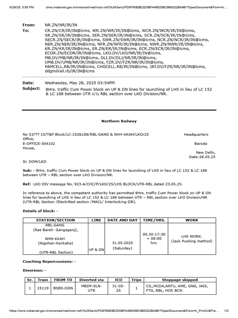 RBL Gang Traffic Block Notification | PDF | Railway Companies | Rail ...