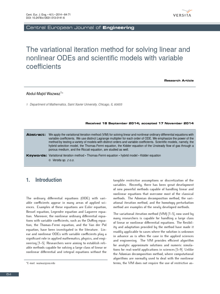 The Variational Iteration Method For Solving Linear and Nonlinear Odes and Scientific Models ...