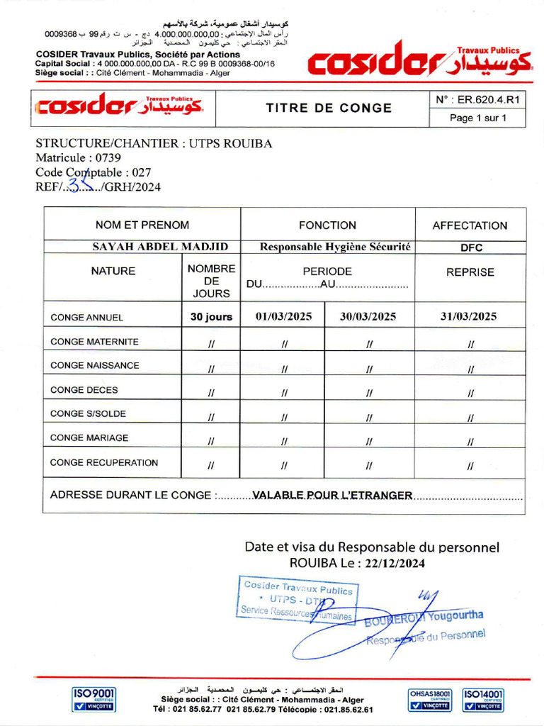 Titre de Conge | PDF