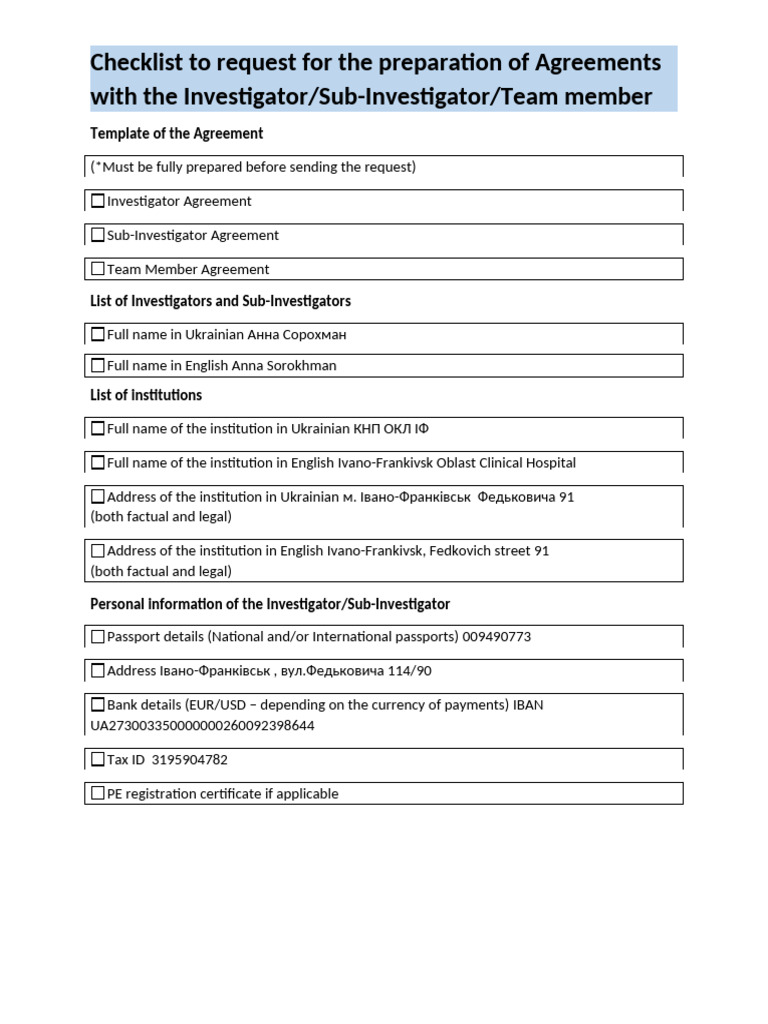 Checklist For Agreement Request (PI, SI) | PDF