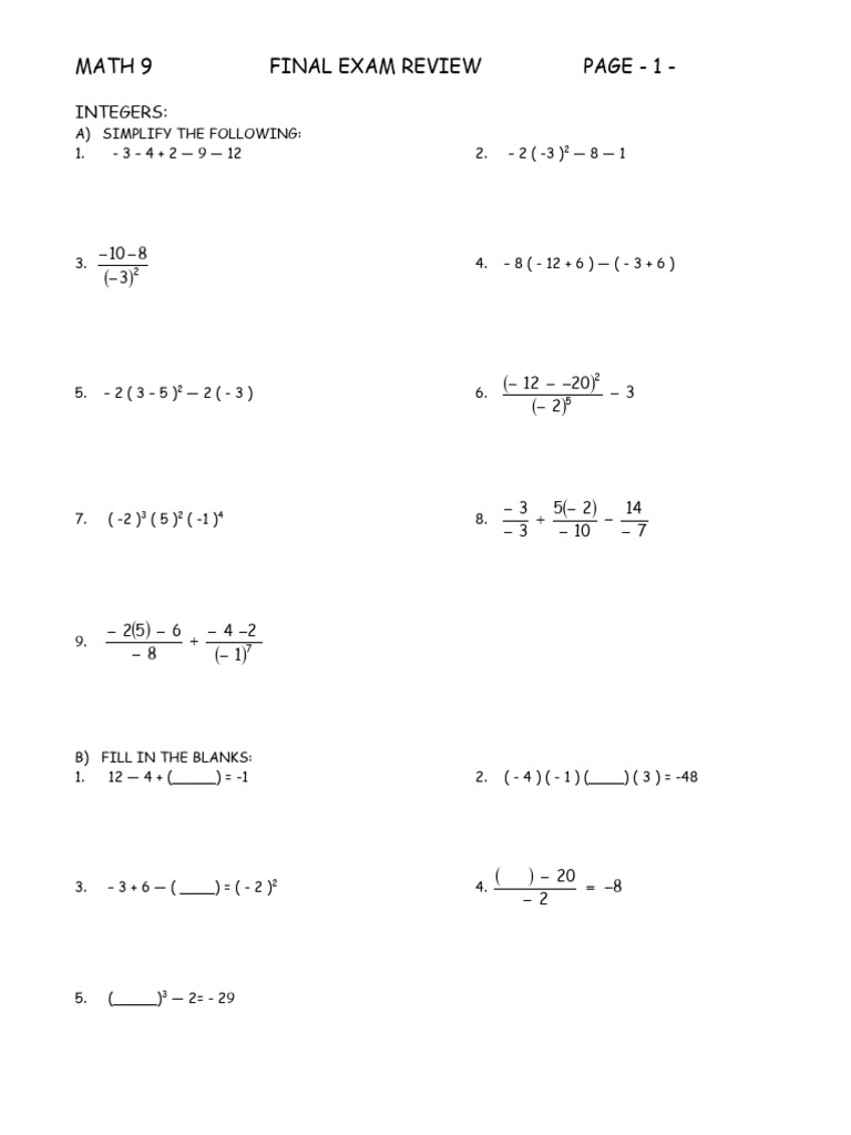 Math 9 Final Review 2015 | PDF | Numbers | Equations