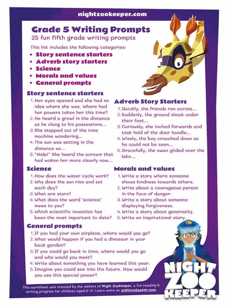 Grade 5 Writing Prompts - Night Zookeeper | PDF