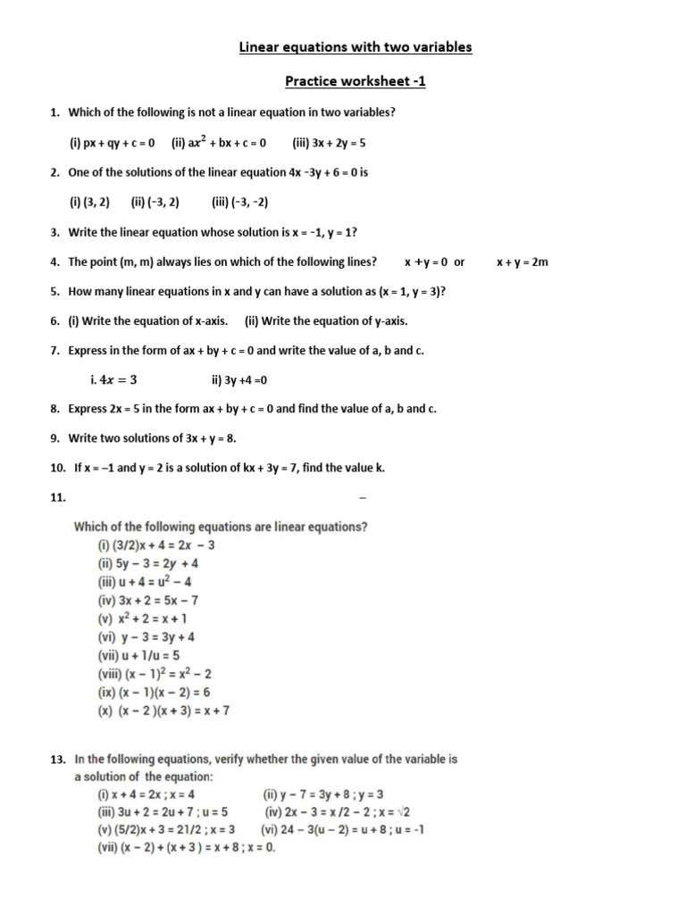 Linear Equation With Two Variable-Practice Worksheet-1 | PDF