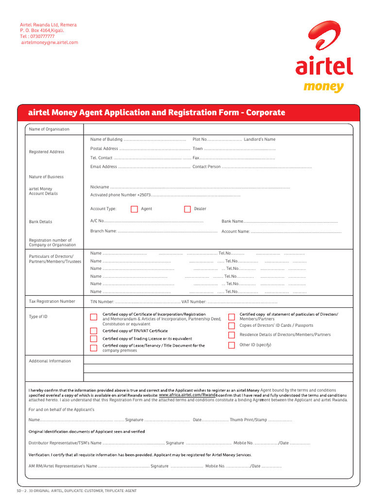 Airtel Money Agent Registration Form | PDF | Indemnity | Legal Liability