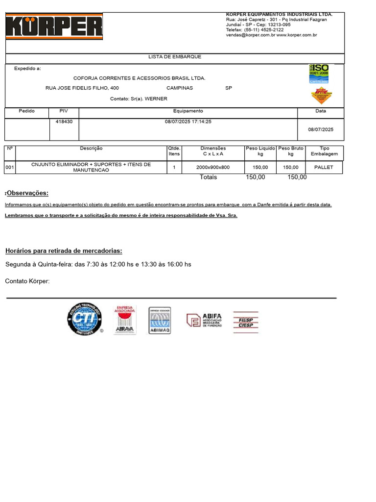 Lista de Embarque - Körper Equipamentos | PDF