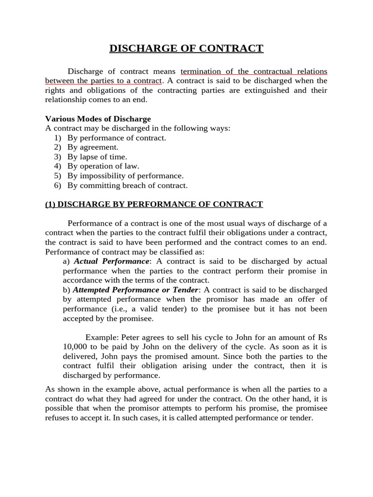 Discharge of Contract: Key Methods Explained | PDF | Damages | Breach ...