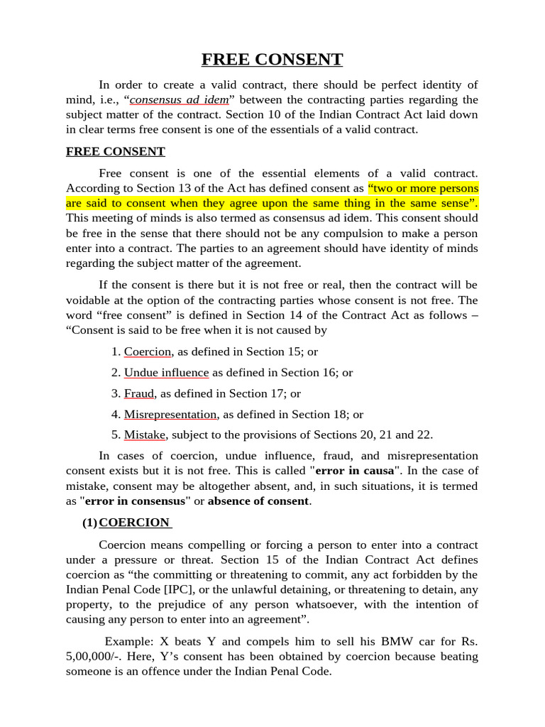 Understanding Free Consent in Contracts | PDF | Misrepresentation ...