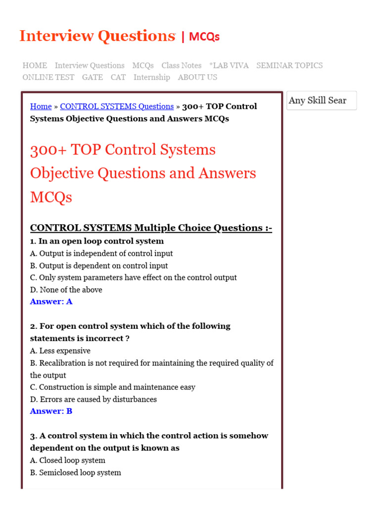 Control Systems Objective Questions and Answers MCQs 2024 | PDF | Feedback | Damping