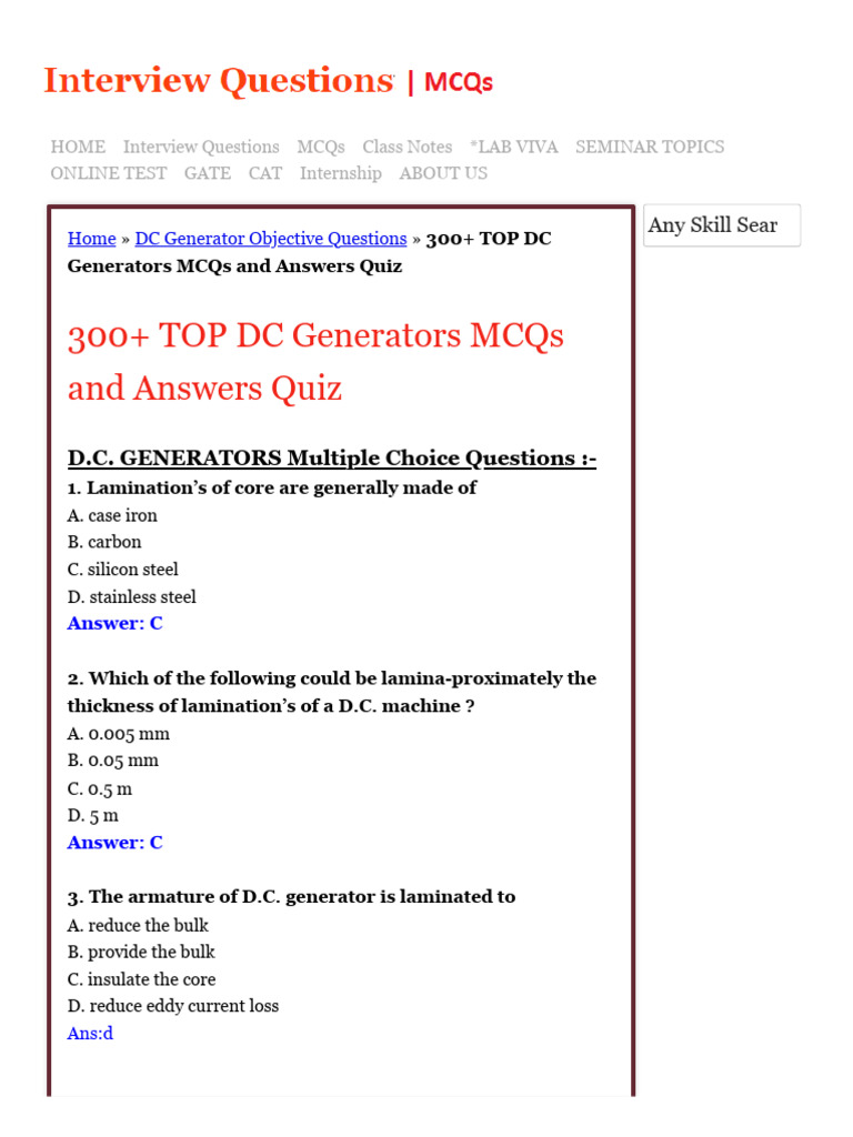 DC Generators MCQs 2024 | PDF | Electric Generator | Manufactured Goods