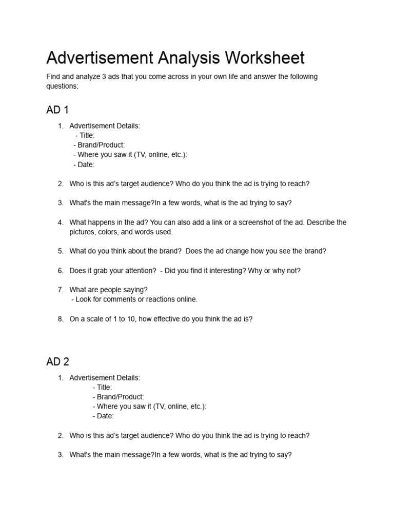 Advertisement Analysis Worksheet | PDF