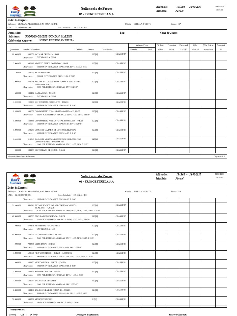 Solicitação de Preços Frigoestrela S.A. | PDF