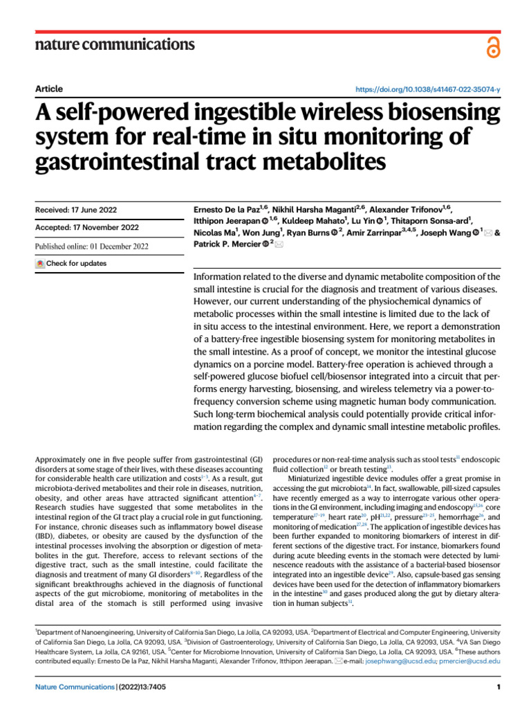 A Self-Powered Ingestible Wireless Biosensing System For Real-Time in ...