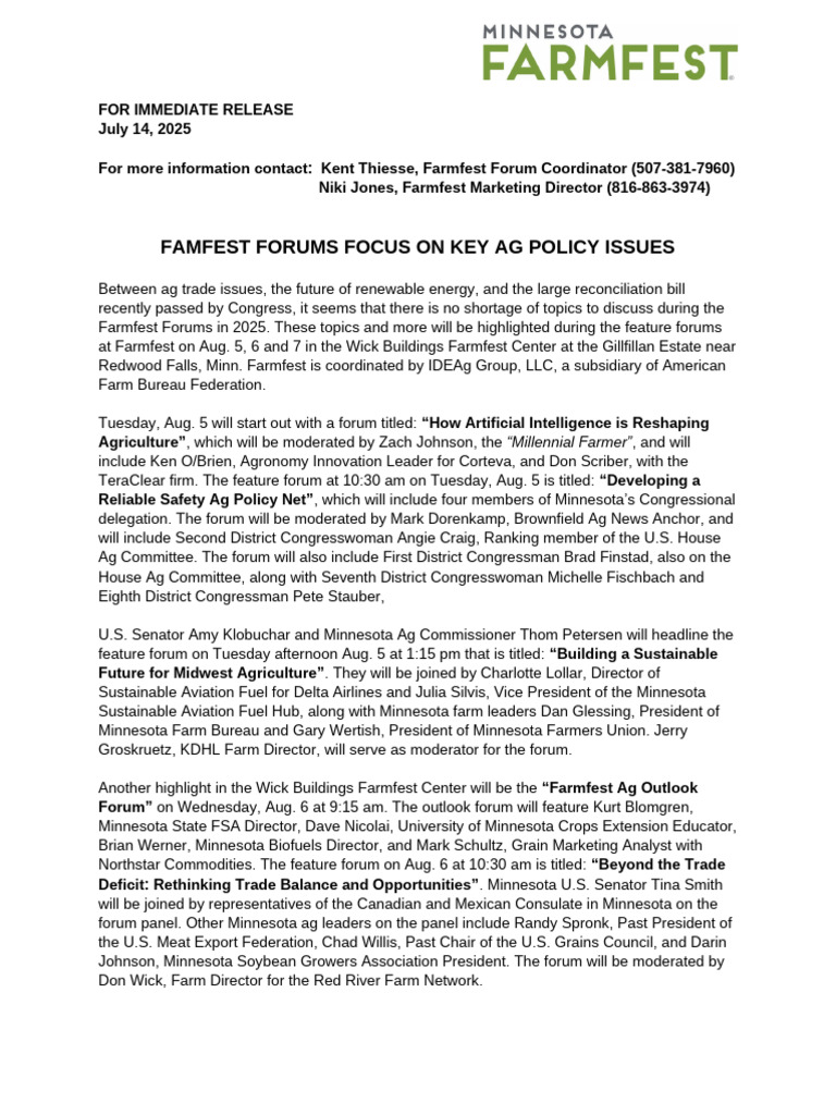Famfest Forum Media Release I (7!14!25) | PDF | Minnesota | Food Industry