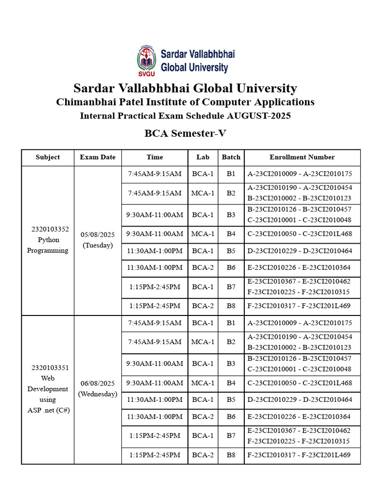 BCA Internal Practical Exam Timetable SEM-5-1 | PDF