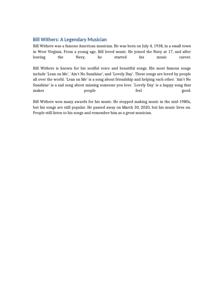 Bill Withers English Passage A1 A2 Level | PDF