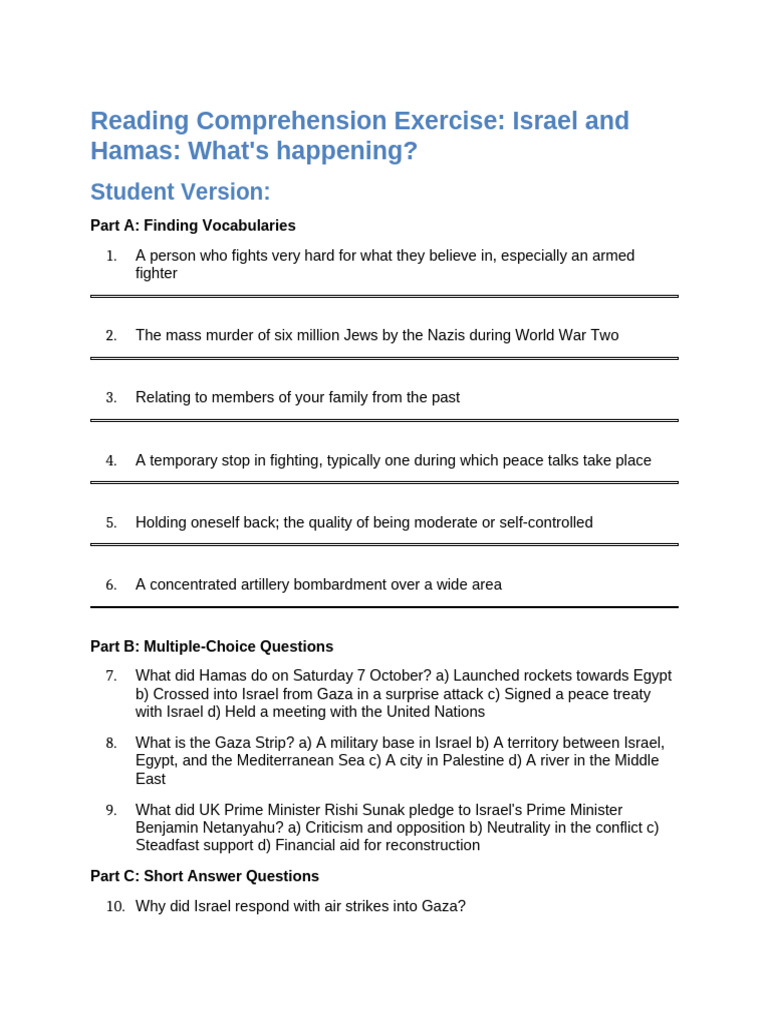 Reading Comprehension Exercise: Israel and Hamas: What's Happening ...