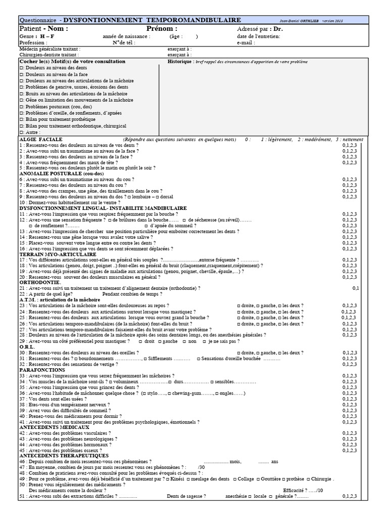 Questionnaire sur les DYSFONCTIONNEMENTS TEMPOROMANDIBULAIRES | PDF ...