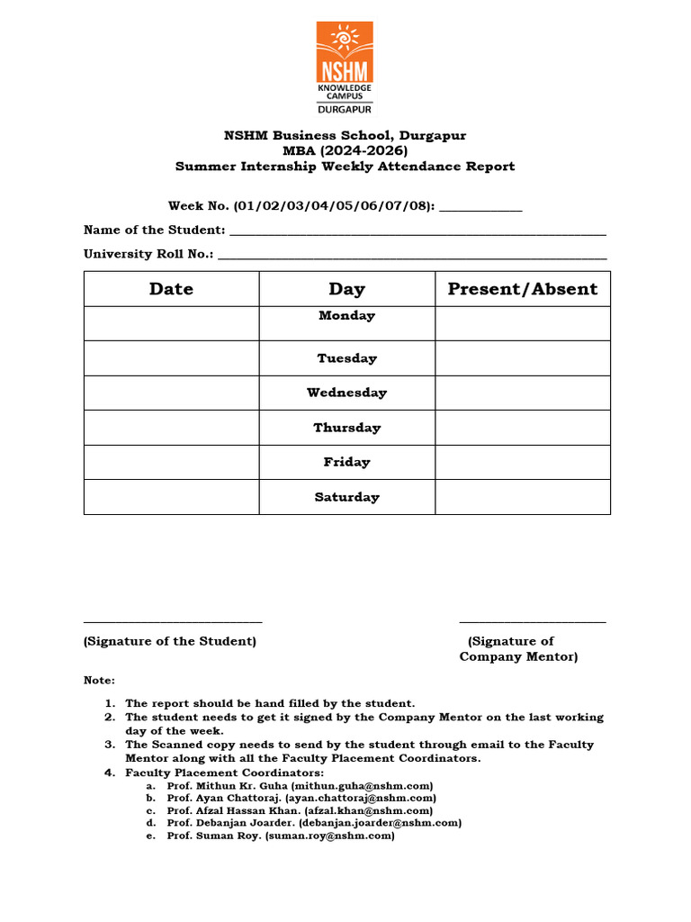 SIP Weekly Attendance Report | PDF