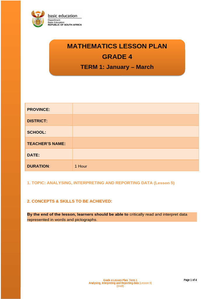 Grade 4 Term 1 Data Handling Lesson 5 | PDF | Homework | Lesson Plan