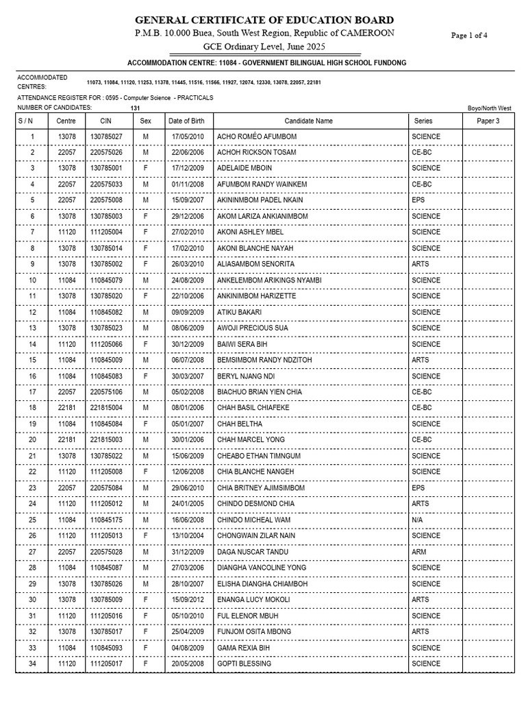 GCE O-Level Computer Science Attendance | PDF | Standardized Tests ...