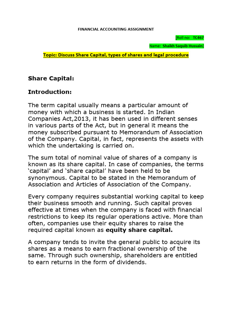 Types of Share Capital Explained | PDF | Equity (Finance) | Dividend