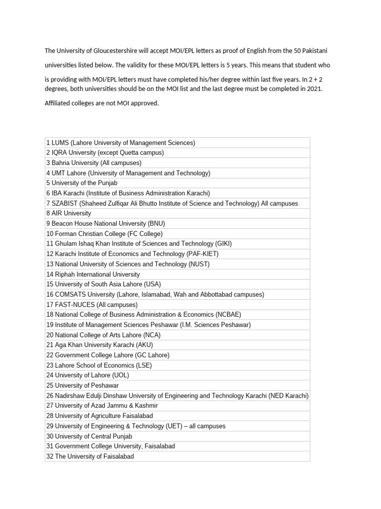 MOI Acceptance at University of Gloucestershire | PDF | Islamabad ...