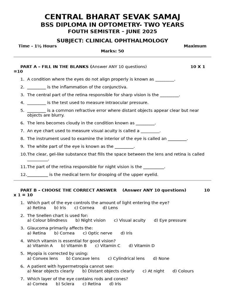 Dopt - Fourth Semister - Clinical Ophthalmology | PDF | Eye | Myopia