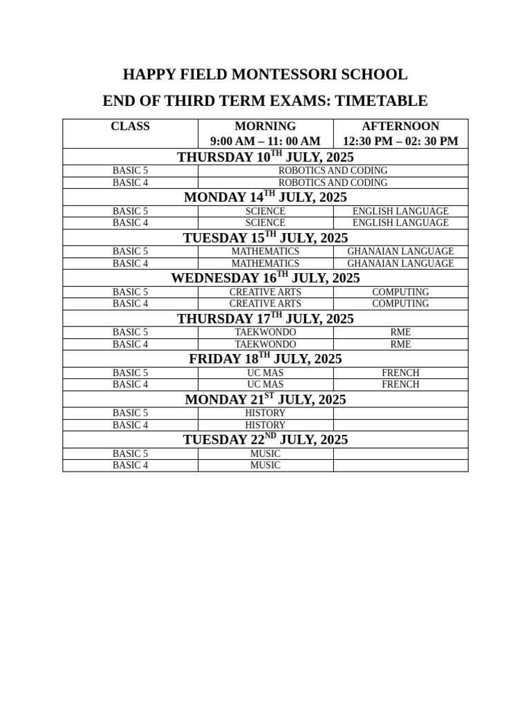 JHS Third Term Exam Timetable | PDF