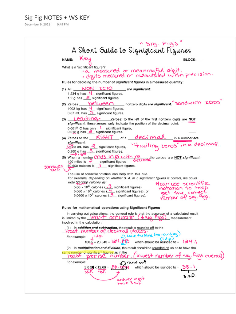 Sig Fig Notes Ws Key | PDF