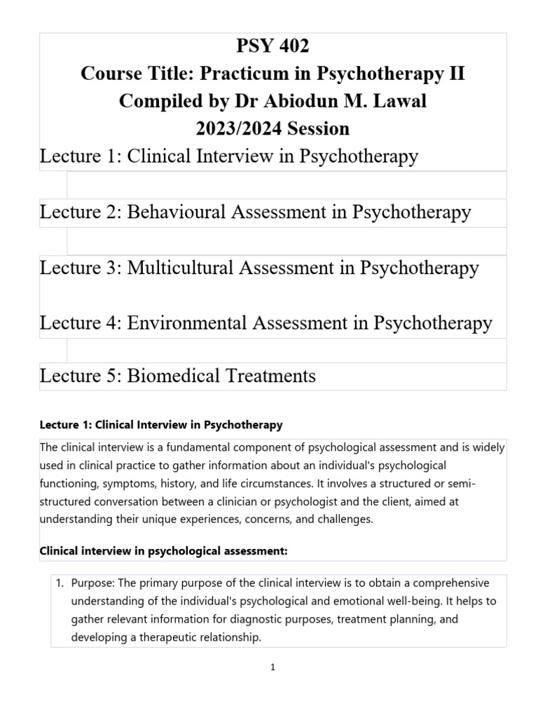 PSY 402: Psychotherapy Practicum Overview | PDF | Clinical Psychology ...
