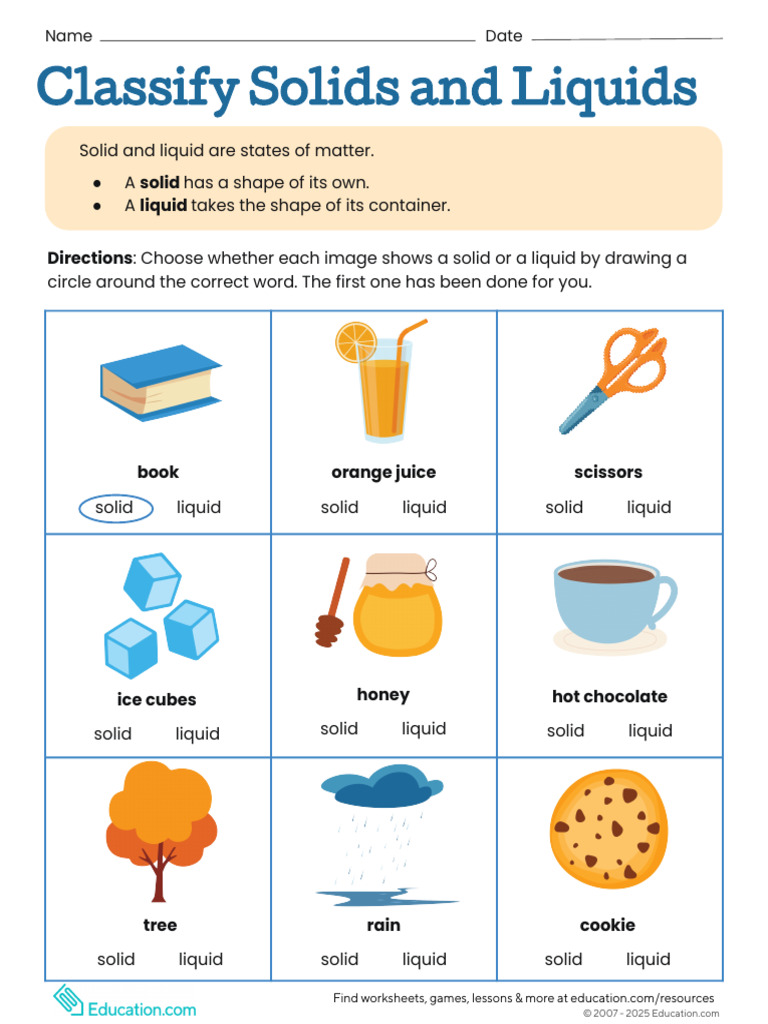 Classifying Solids and Liquids Worksheet | PDF