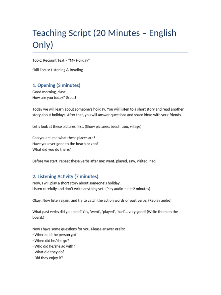 Teaching Script - Listening and Reading My Holiday SMP | PDF